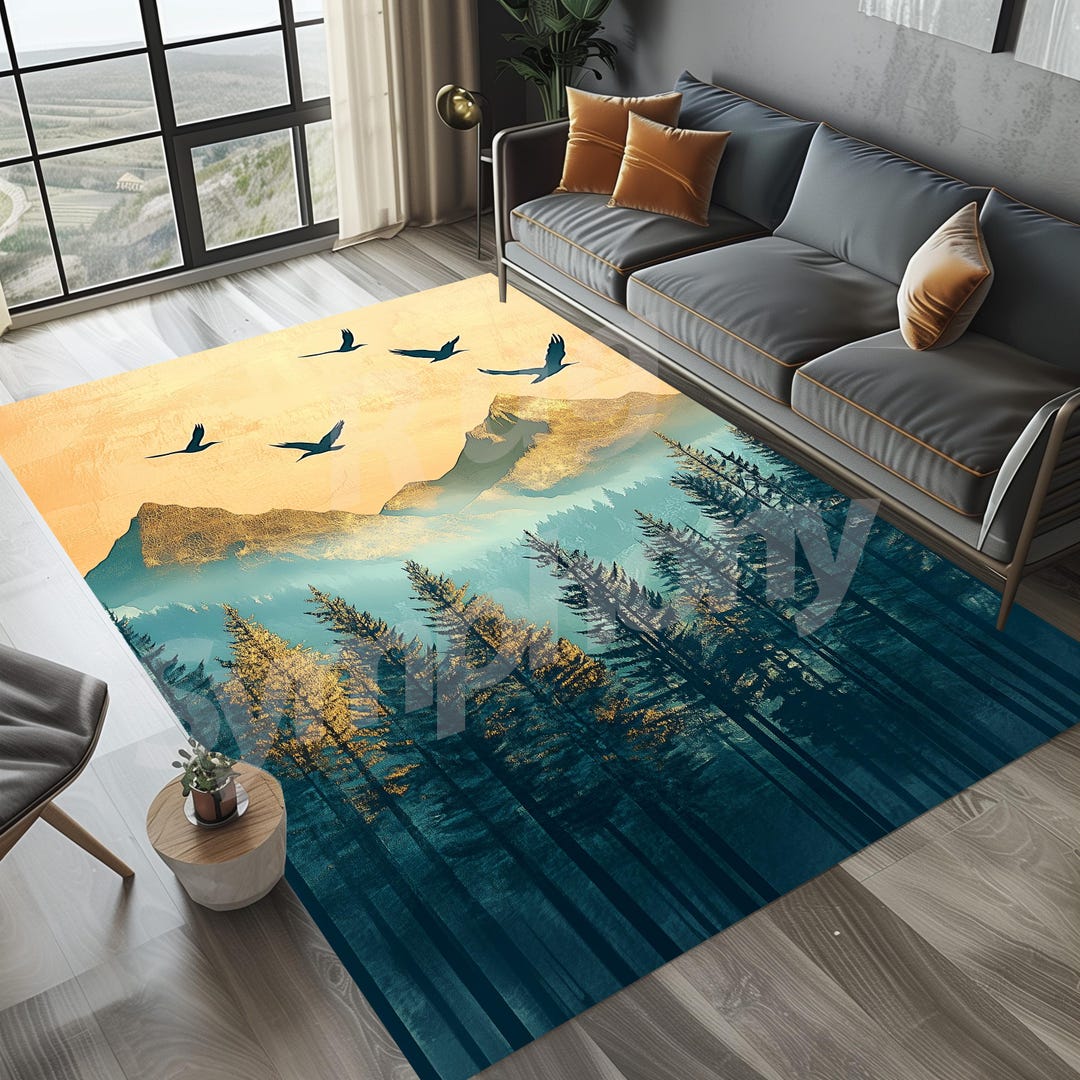 Birds Area Rug, Mountains Area Rug, Forests Area Rug, Mountain Scene ...