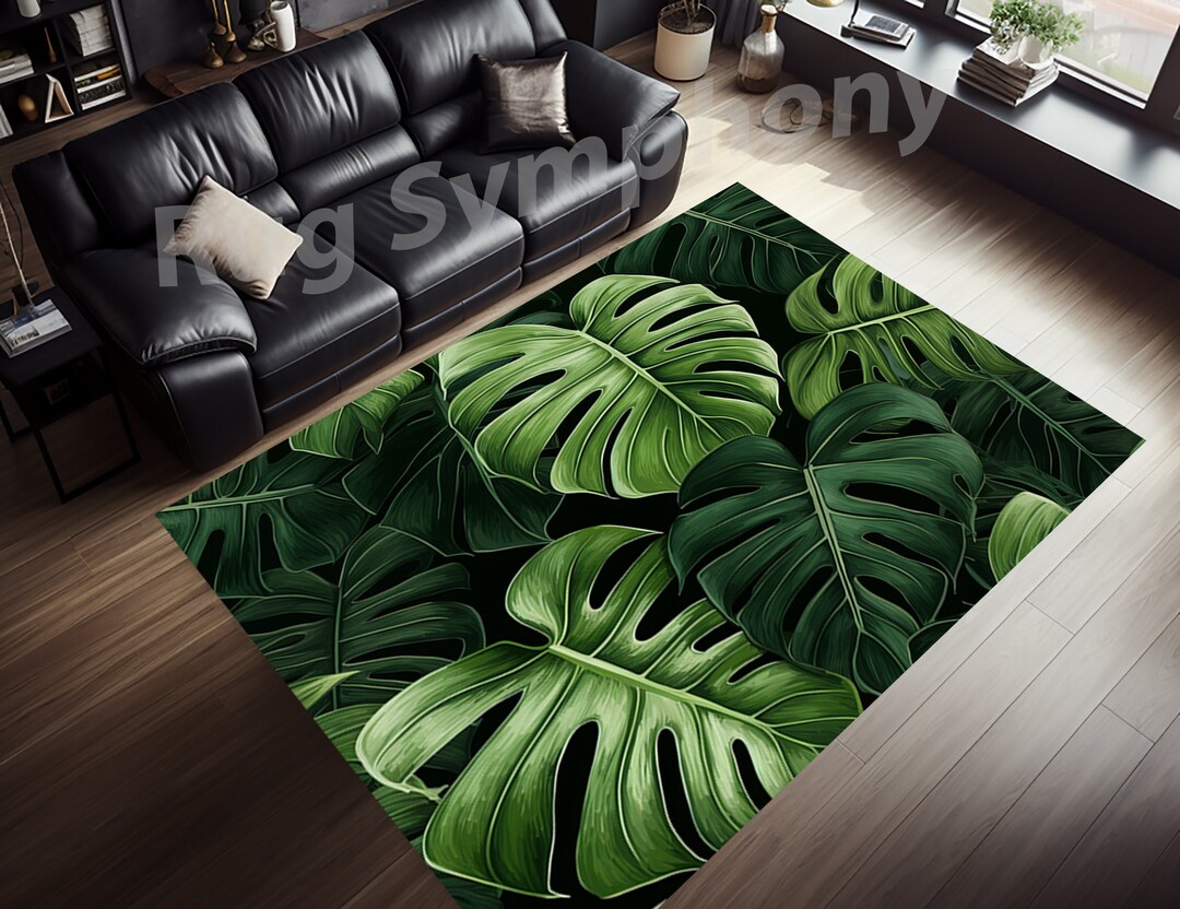 Monstera Leaf Rug, Forest Rug, Dark Big Leaf Pattern Rug, Green Leaf ...