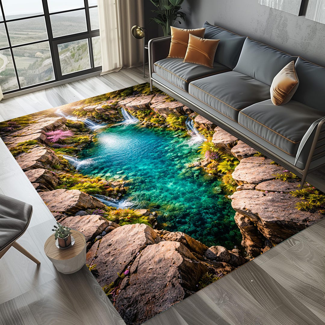 3D Waterfall Canyon Rug, Nature Stream, Aqua Lake, Crystal Water Home ...