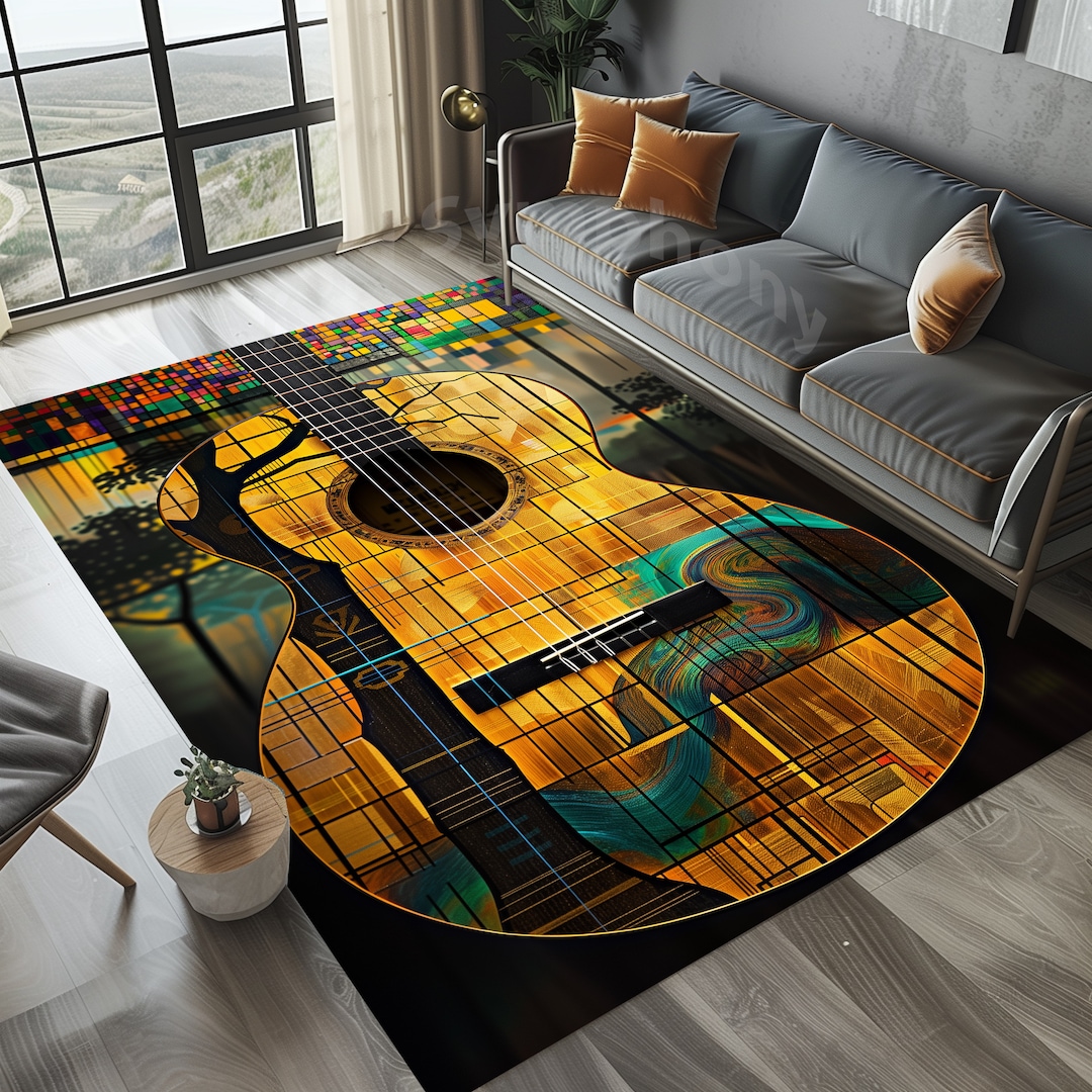 Abstract Guitar Illustration Rug, Vivid Colors Guitar Rug, Guitar Art ...