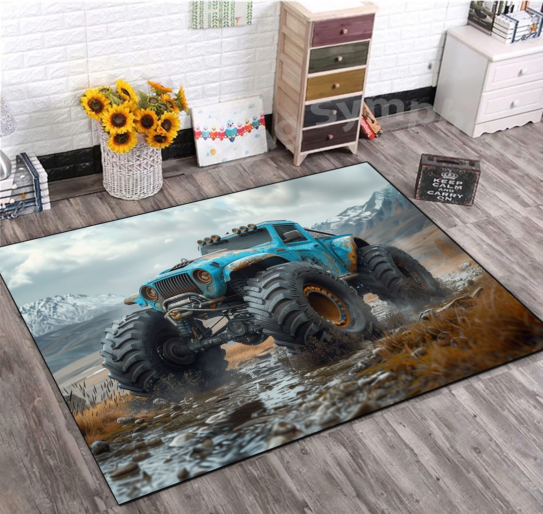 Blue Monster Truck Rug, Monster Trucks Rug, Monster Truck Carpet ...