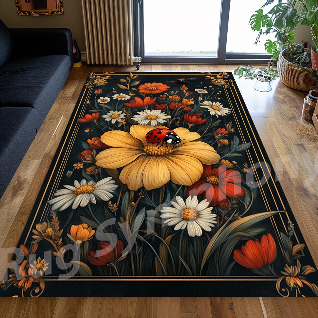 Floral Ladybug Area Rug, Rustic 3D Print - Etsy