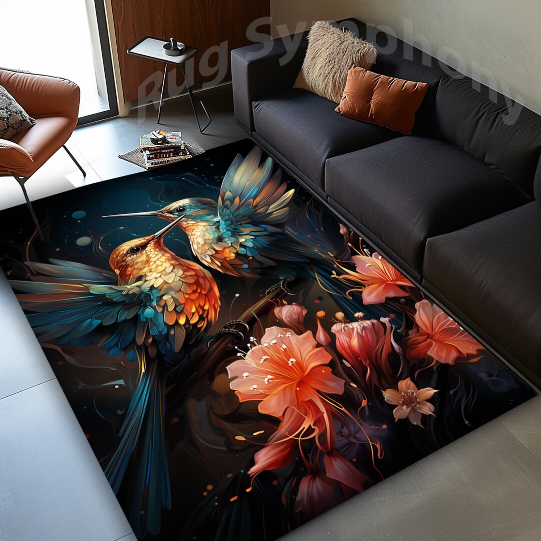 Hummingbirds Area Rug, Dark Background With Vibrant Hummingbirds Area ...