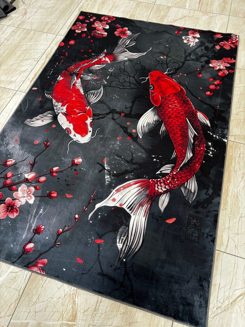 Koi Fish and Cherry Blossom Rug, Abstract Japanese Pattern - Etsy