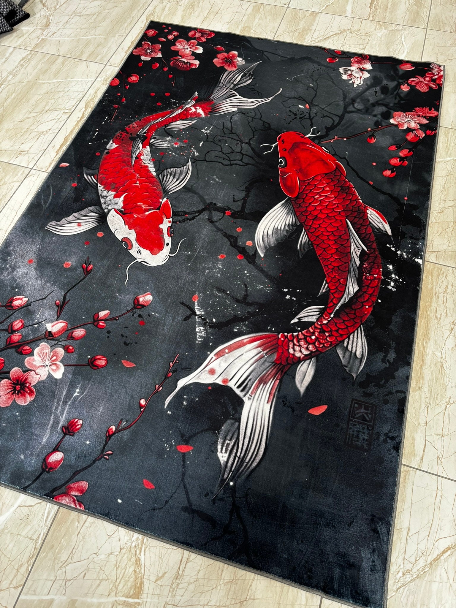 Koi Fish and Cherry Blossom Rug, Abstract Japanese Pattern Rug, Koi ...