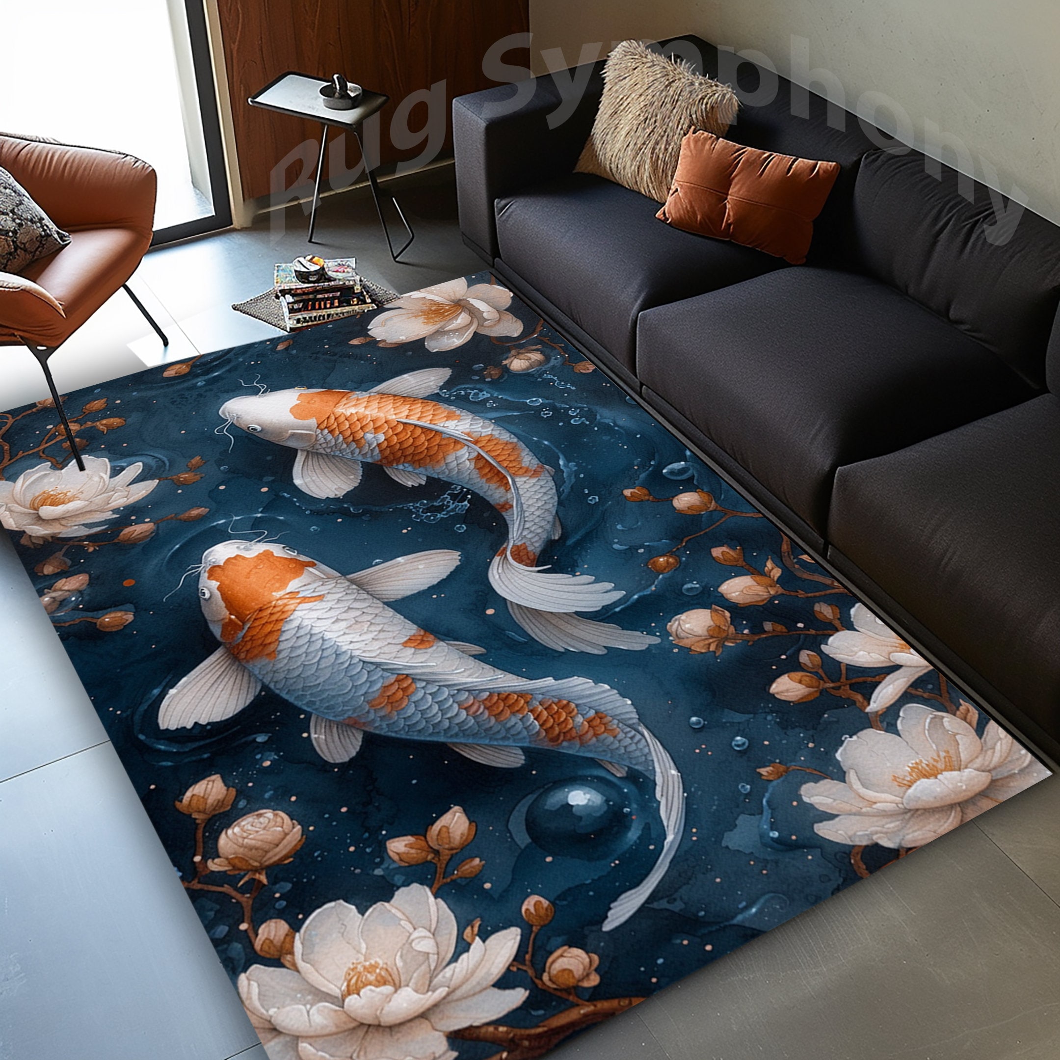 Koi Fish and Water Lilies Rug, Abstract Japanese Pattern Rug, Koi Fish ...