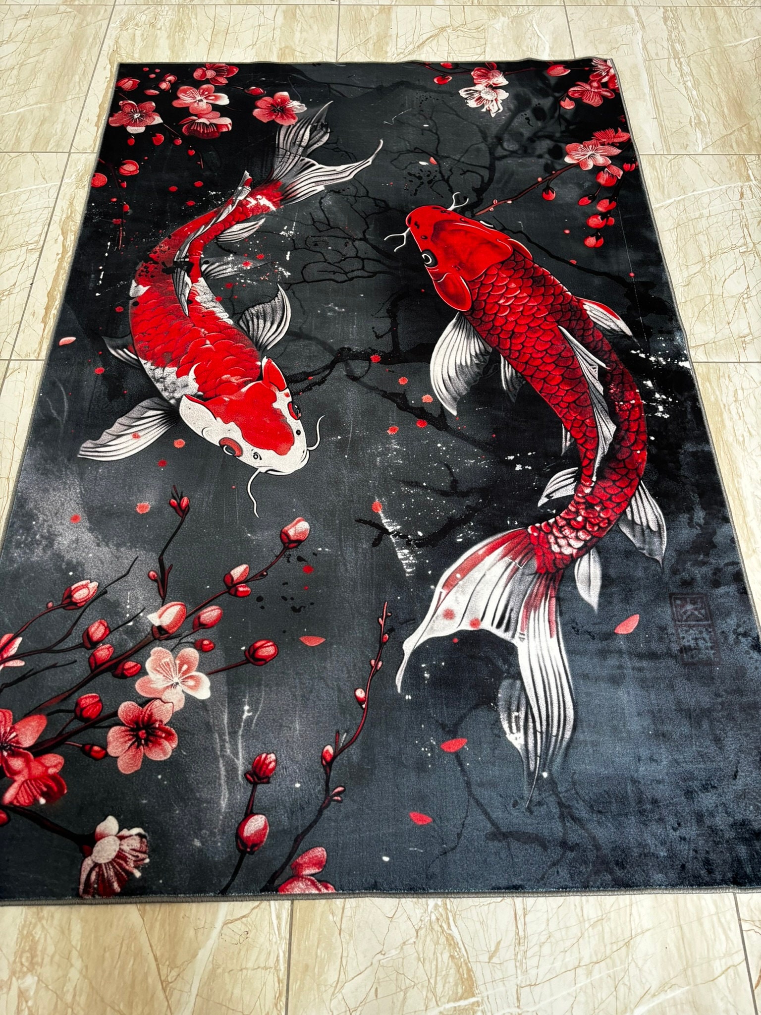 Koi Fish and Cherry Blossom Rug, Abstract Japanese Pattern Rug, Koi ...