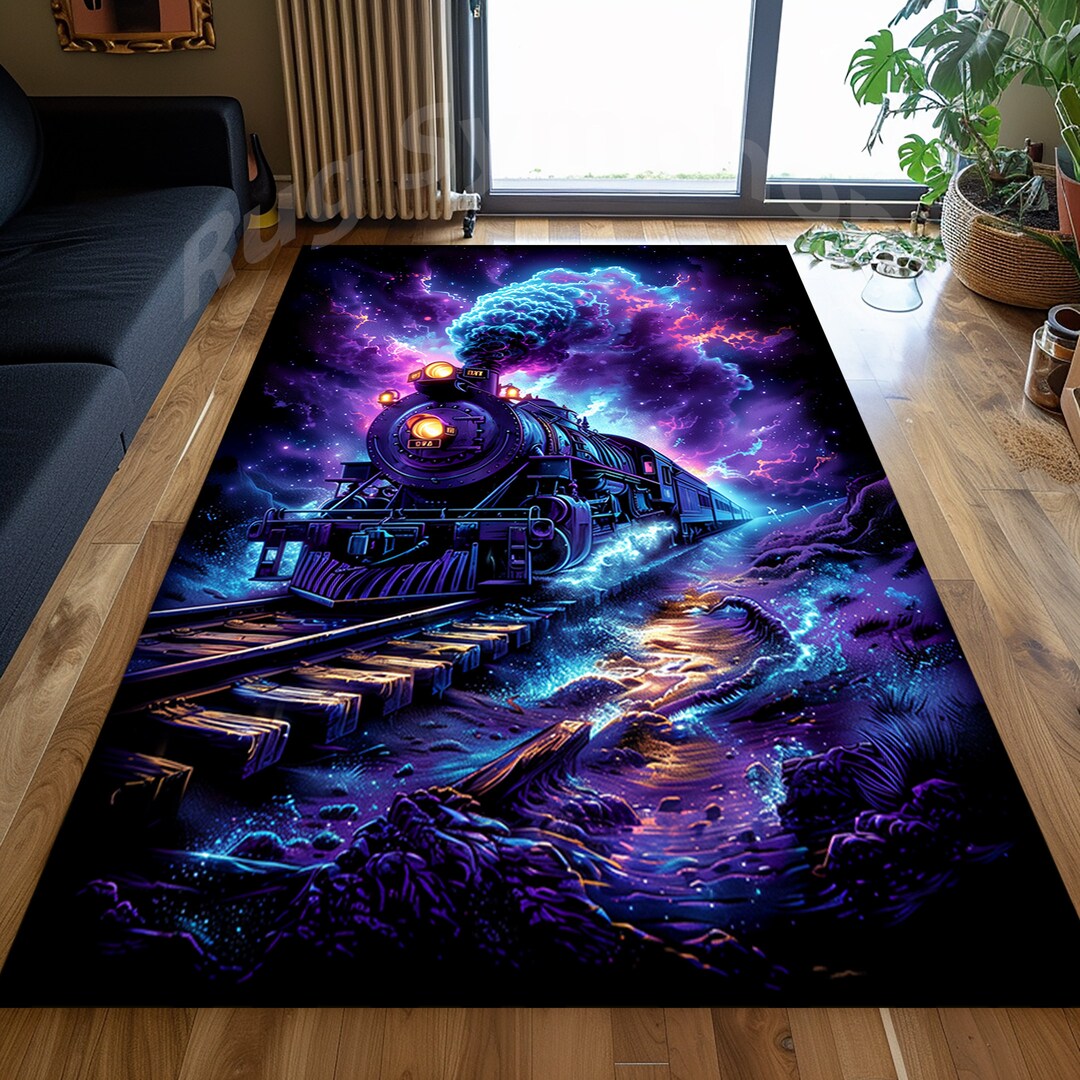 Train Trapped in a Cosmic Nebula Rug, Train Area Rug, Neon Look Train ...