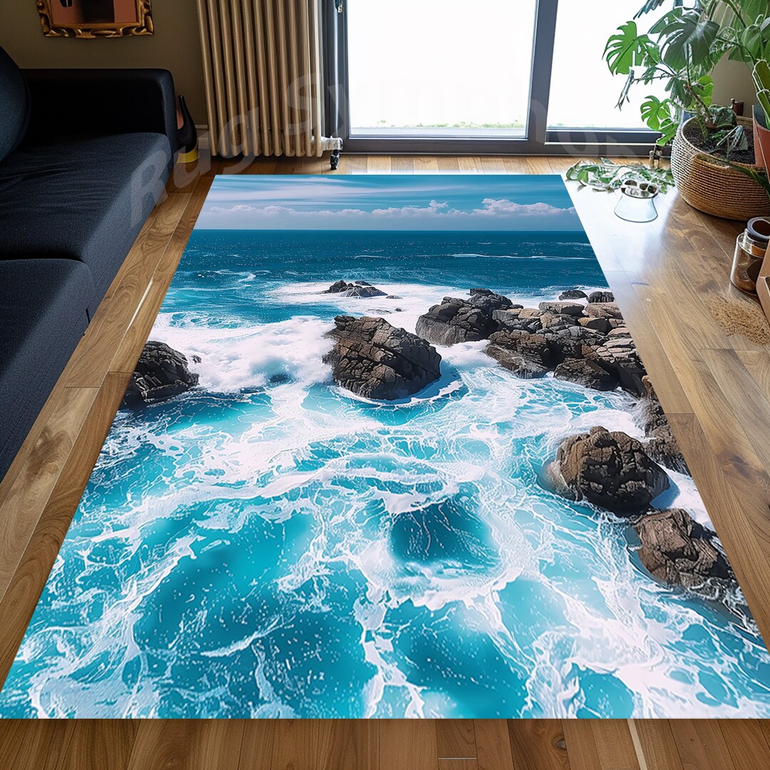 Waves Beat the Rocks Rug, Beach Area Rug, Blue Tropical Beach Sea Rug ...