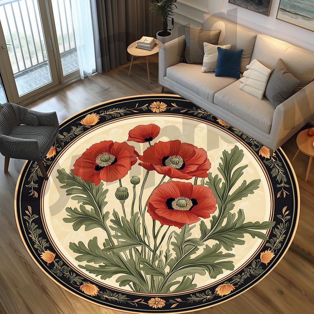Round Poppy Flower Rug, Non-slip Cotton Base - Etsy