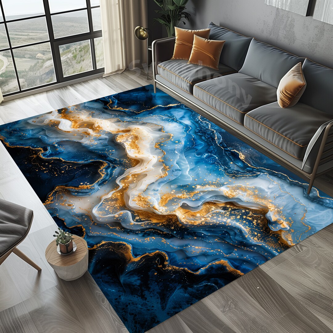 Blue and Golden Marble Texture Rug, Marble Rug, Gold Marble Rug, Blue ...