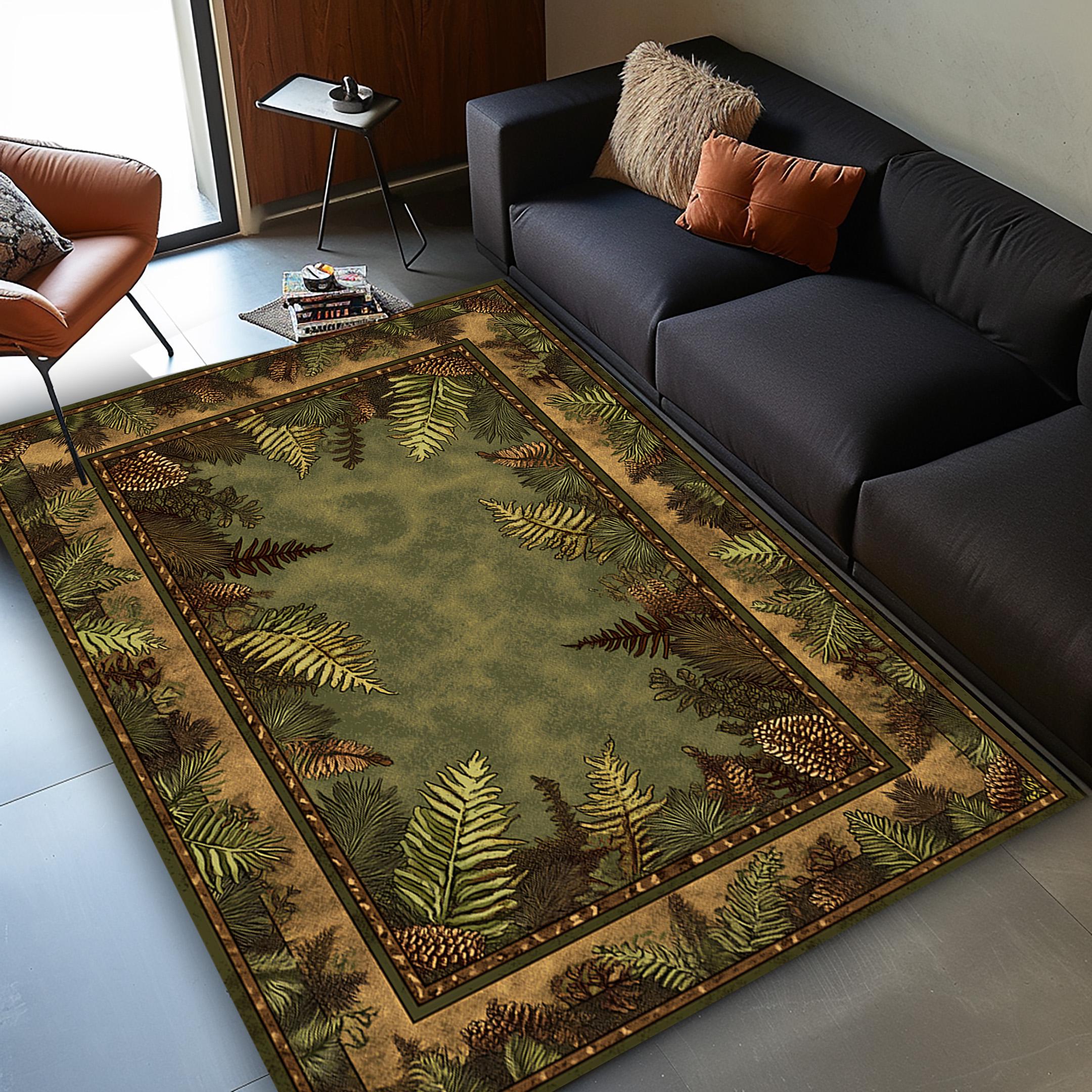 Green Woodland Rug Design Featuring Pine Cone Lodge Area Rug, Cabin ...