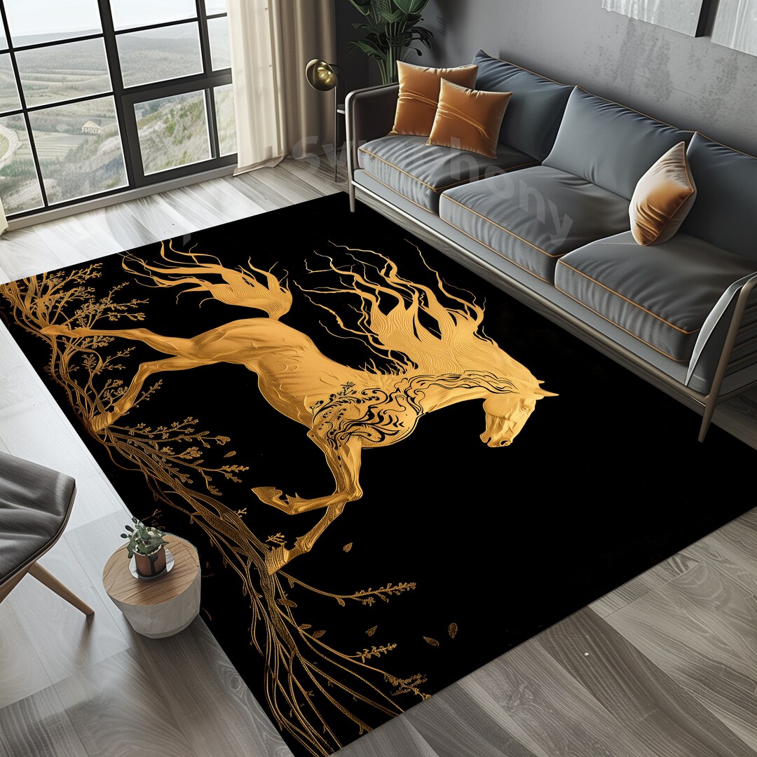 Gold Silhouette Horse Rug, Horse Pattern Area Rug, Horse Art Rug, Horse ...