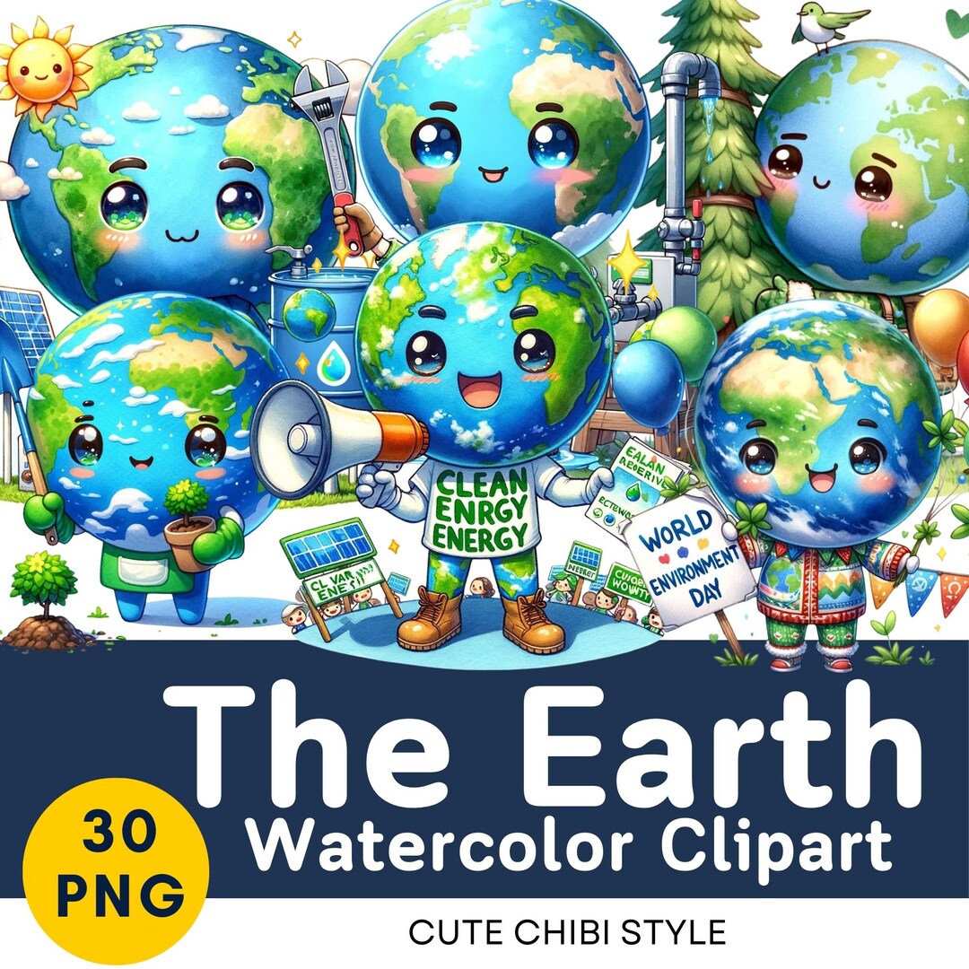Earth Clipart Watercolor Chibi Cute , Adorable Earth With Save the ...