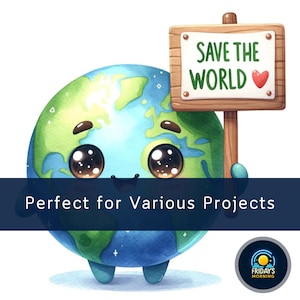 Cute Earth Clipart Watercolor Chibi Cute, Adorable Earth With Save the ...