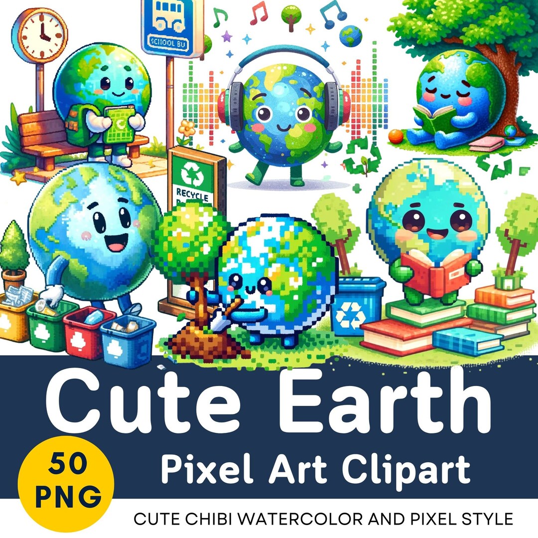 Pixel Cute Earth Clipart Watercolor Cute, Adorable Earth With Save the ...