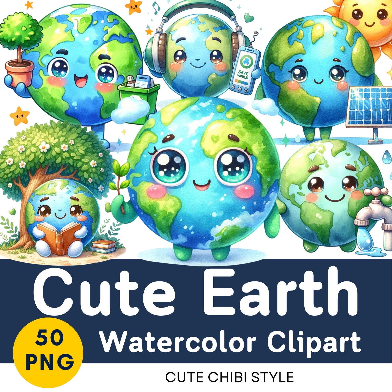 Watercolor Chibi Earth Clipart, Save the World Theme (digital Download ...