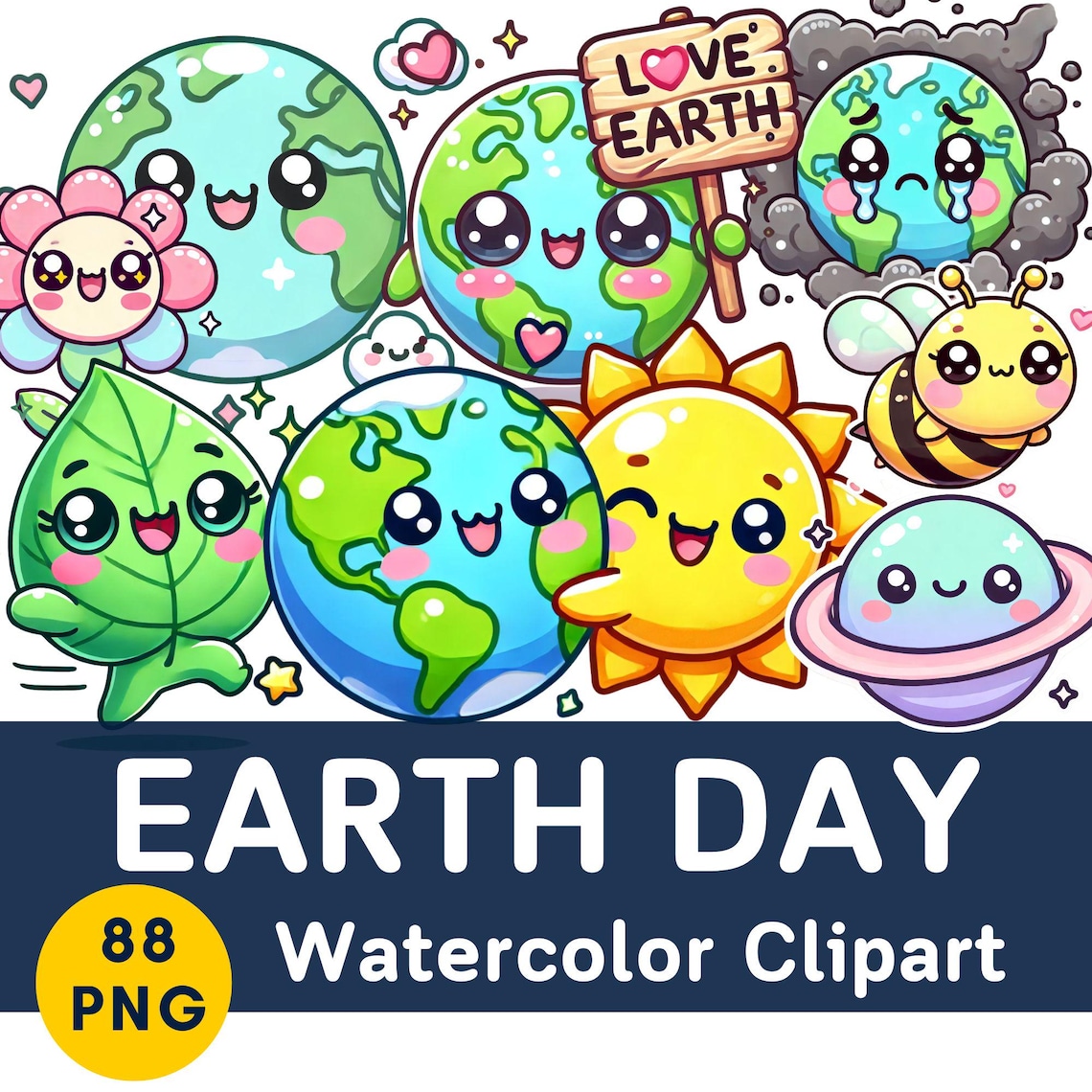 Kawaii Earth Clipart Set, Cute Eco Clipart for Teachers and Kids, Earth ...