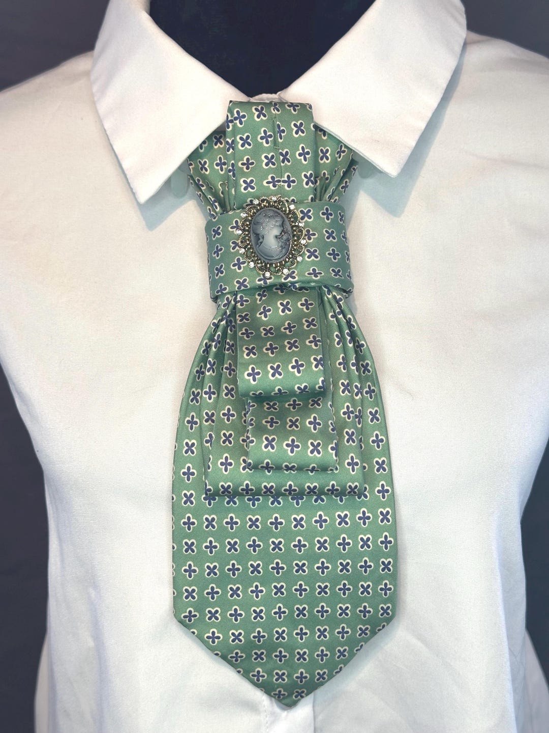 Elegantly Repurposed Necktie With Beautiful Brooch, Handmade Statement Jewelry, Stylish Neckwear ...