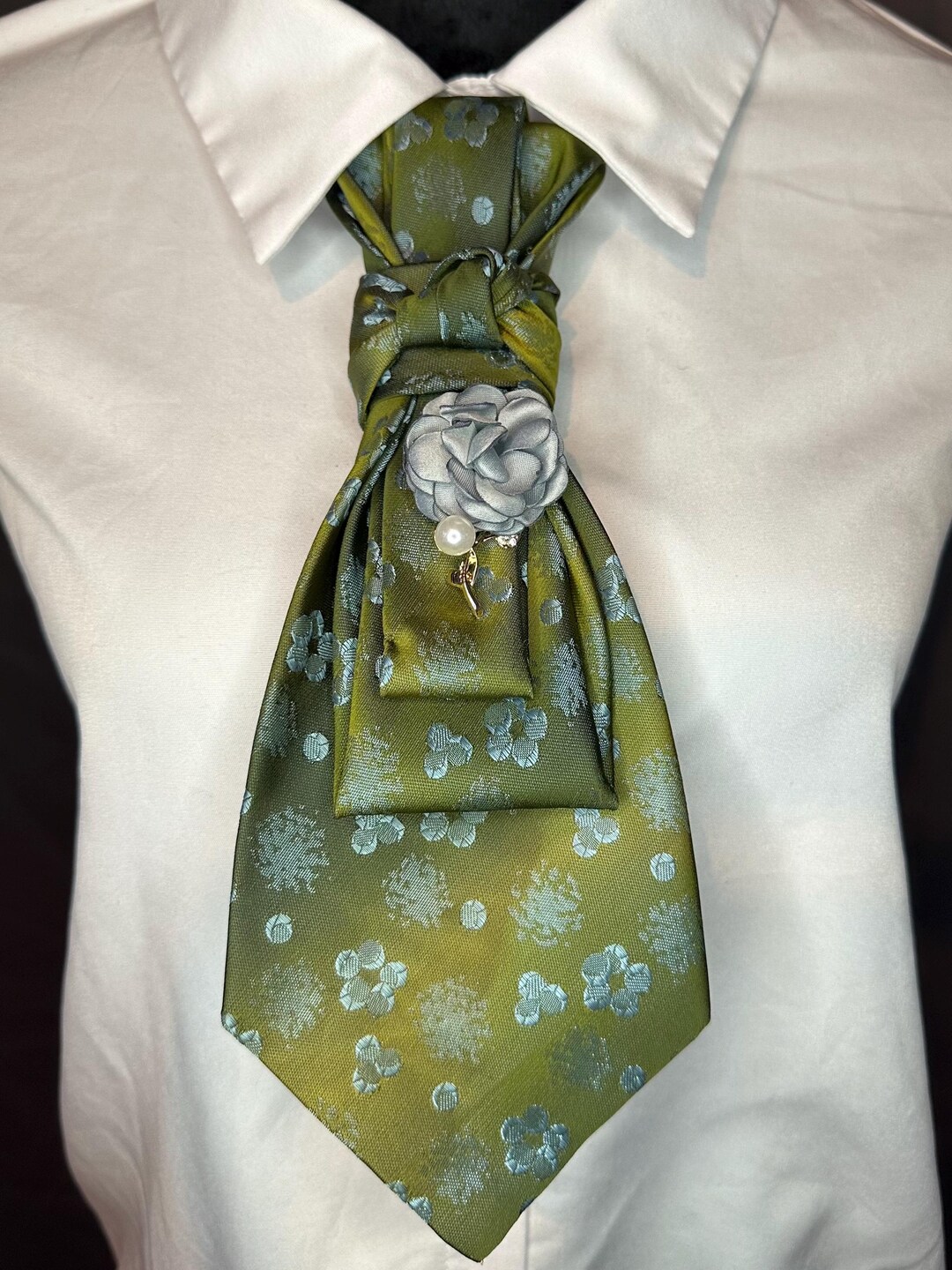 Elegantly Repurposed Necktie With Beautiful Brooch, Handmade Statement Jewelry, Stylish Neckwear ...