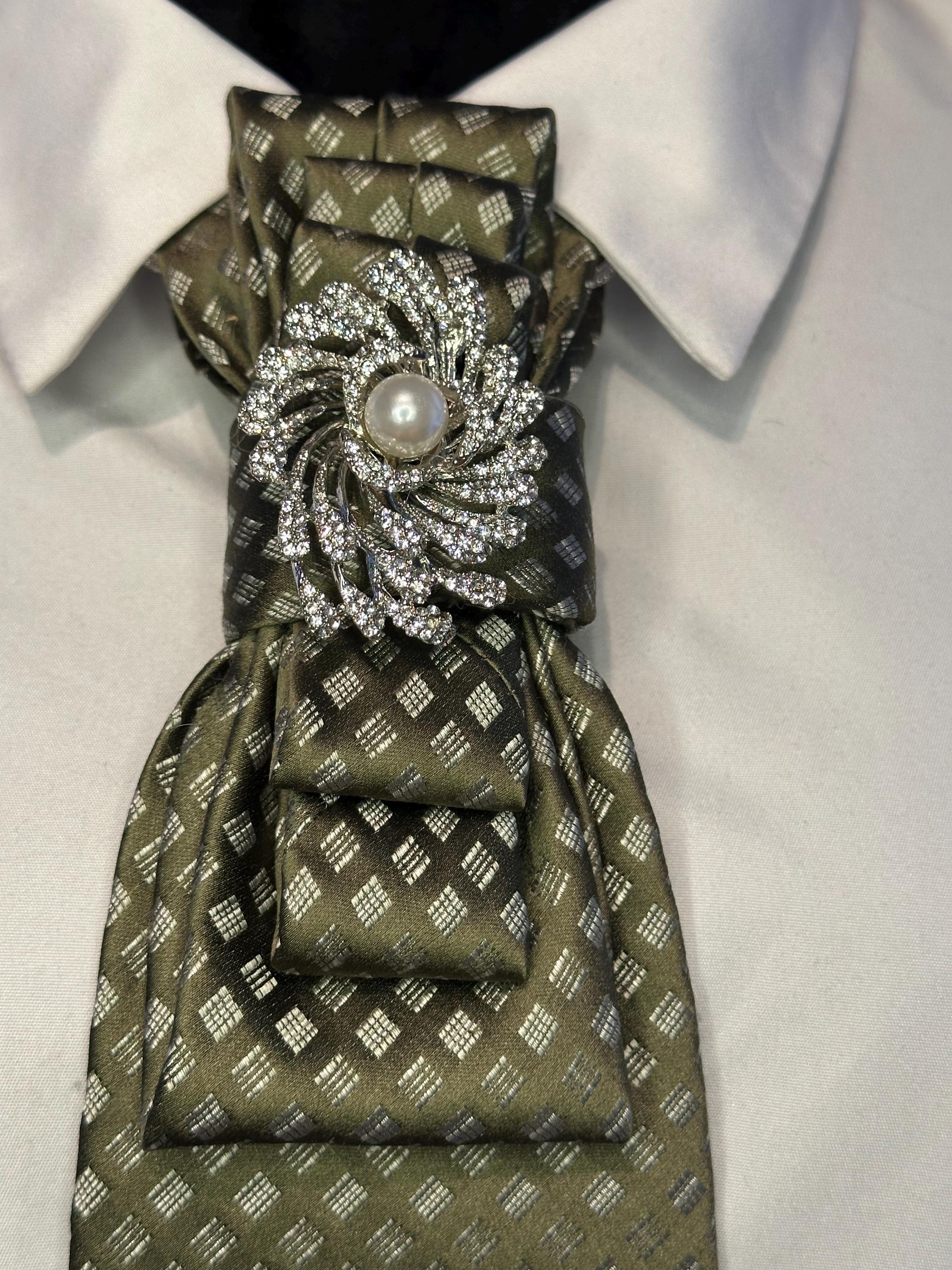 Elegantly Repurposed Green Diamond Patterned Necktie With Beautiful Crystal Burst Brooch ...