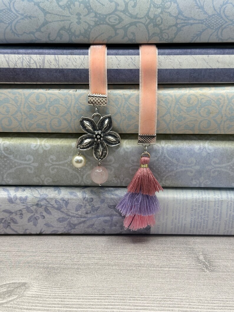 Petite Velvet Ribbon Bookmark With Charms and Stones, Gift for Book ...