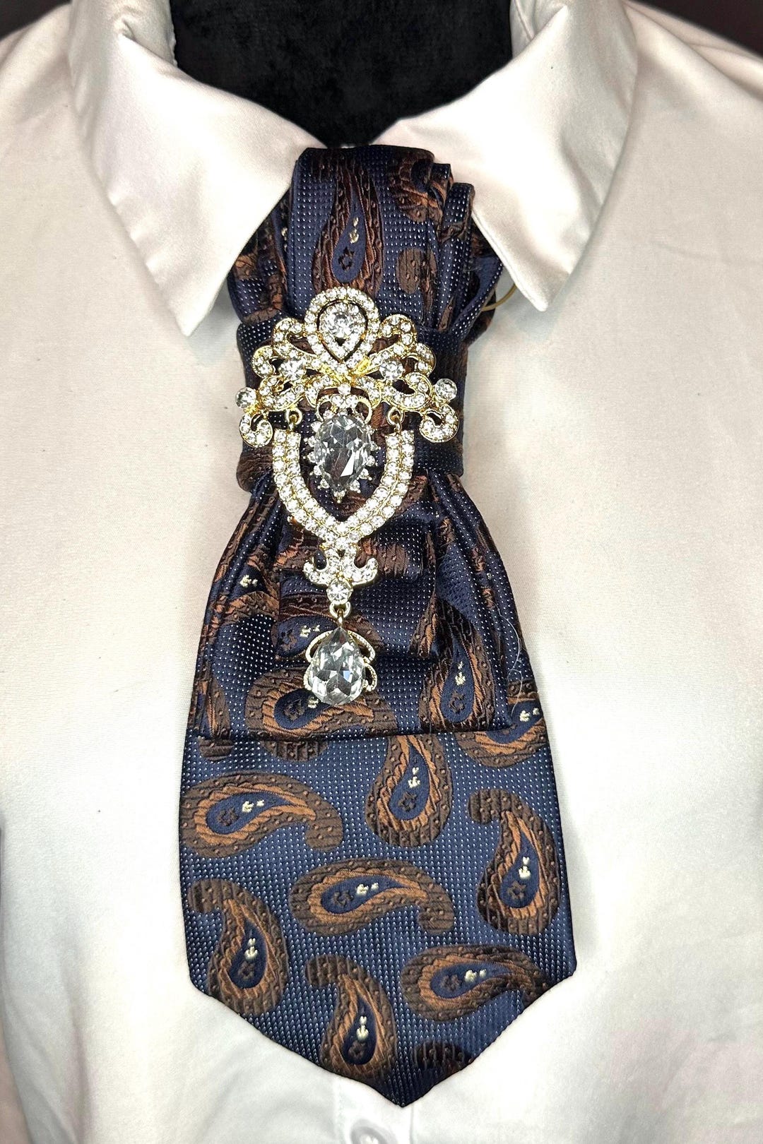 Elegantly Repurposed Necktie With Beautiful Brooch, Handmade Statement Jewelry, Stylish Neckwear ...
