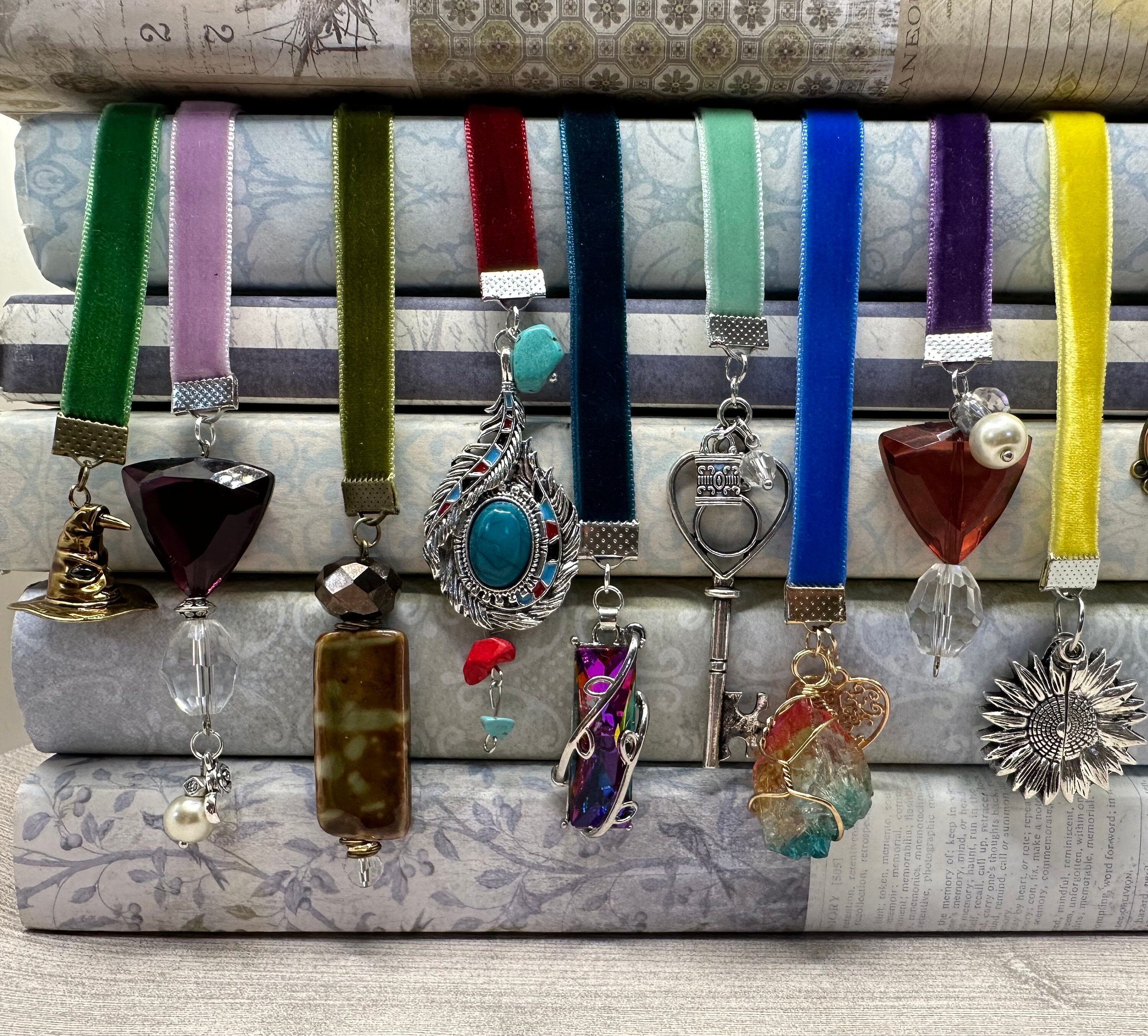 Petite Velvet Ribbon Bookmark With Charms and Stones, Gift for Book ...