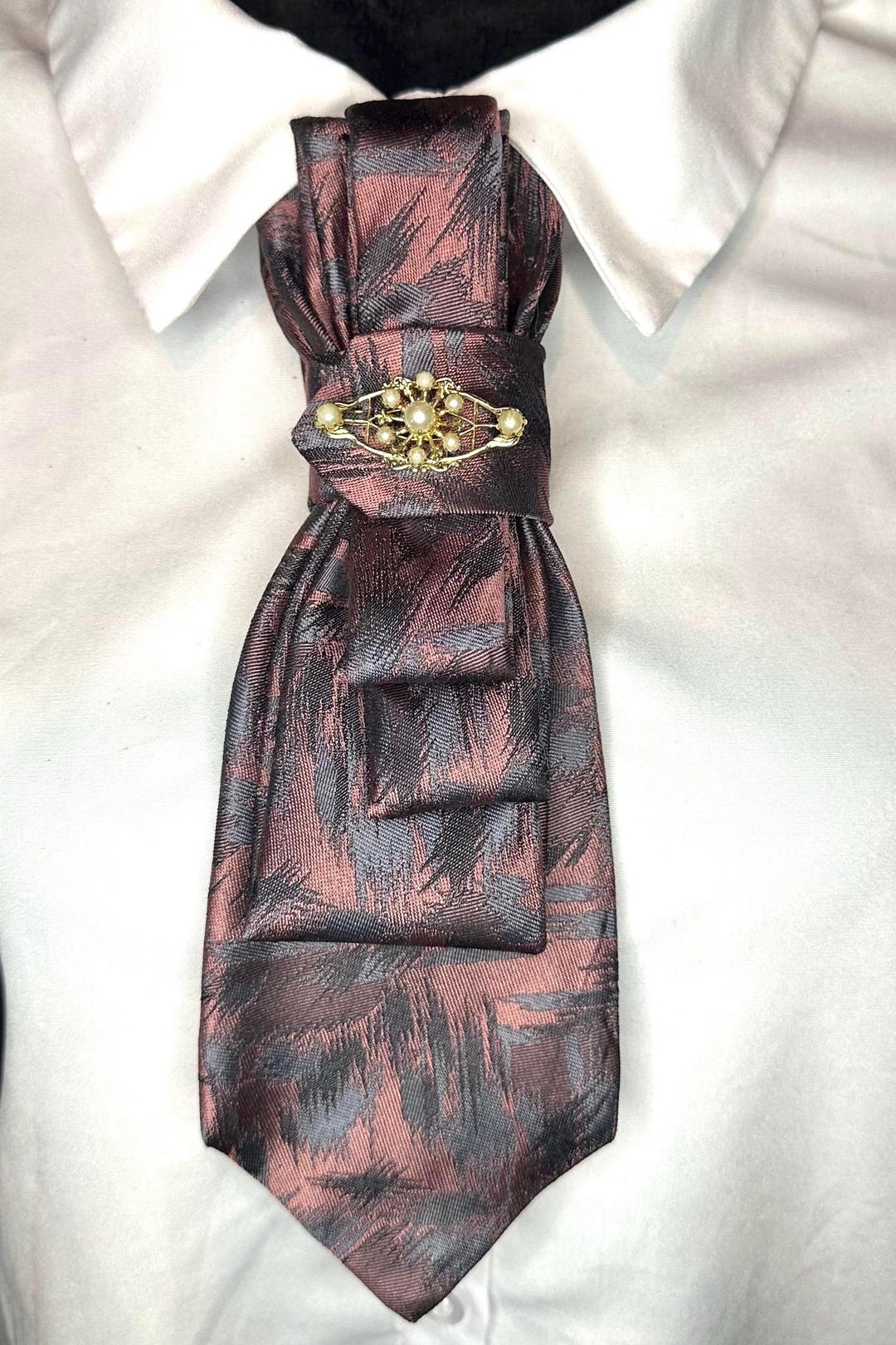 Elegantly Repurposed Necktie With Beautiful Brooch, Handmade Statement Jewelry, Stylish Neckwear ...