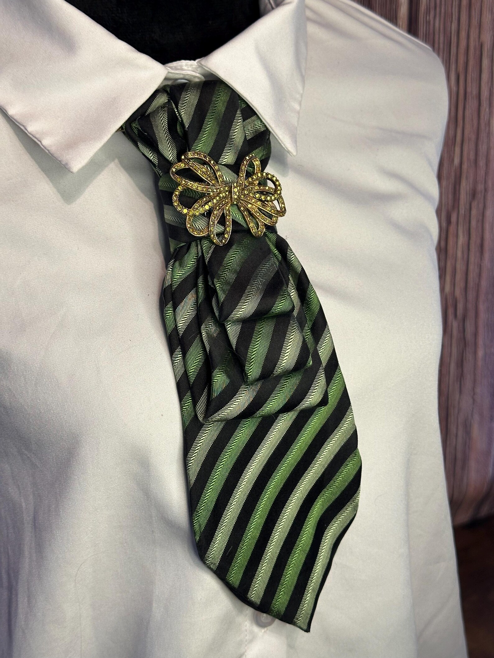 Elegantly Repurposed Black and Green Striped Necktie With Beautiful Crystal Bow Brooch, Handmade ...
