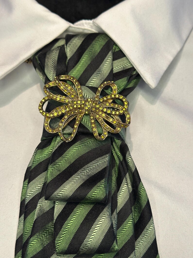 Elegantly Repurposed Black and Green Striped Necktie With Beautiful Crystal Bow Brooch, Handmade ...