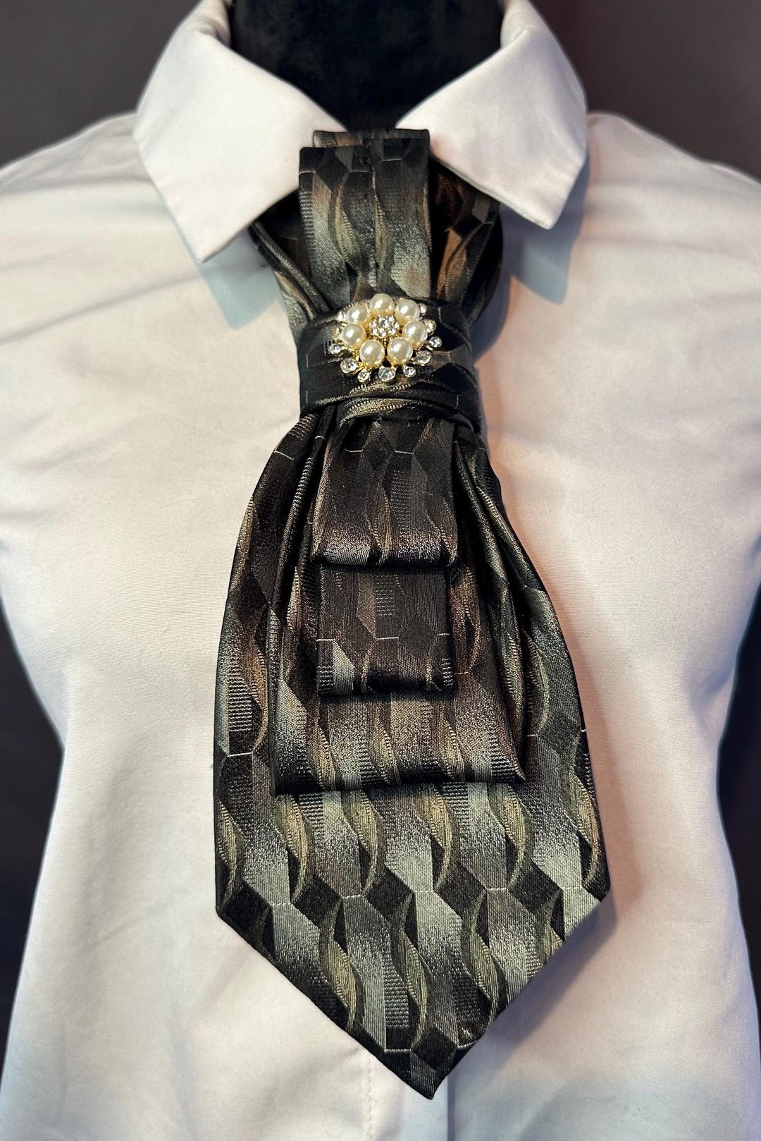 Elegantly Repurposed Necktie With Beautiful Brooch, Handmade Statement Jewelry, Stylish Neckwear ...