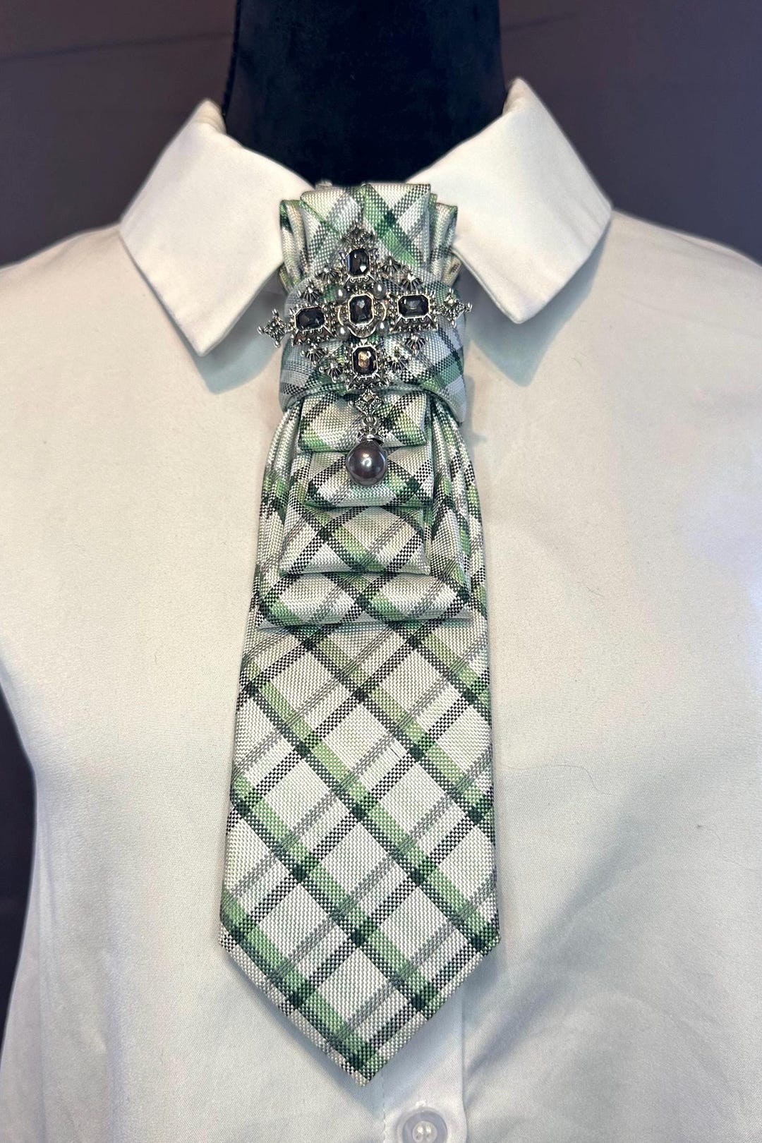 Elegantly Repurposed Plaid Necktie With Beautiful Dark Crystal Midevil Style Brooch, Handmade ...
