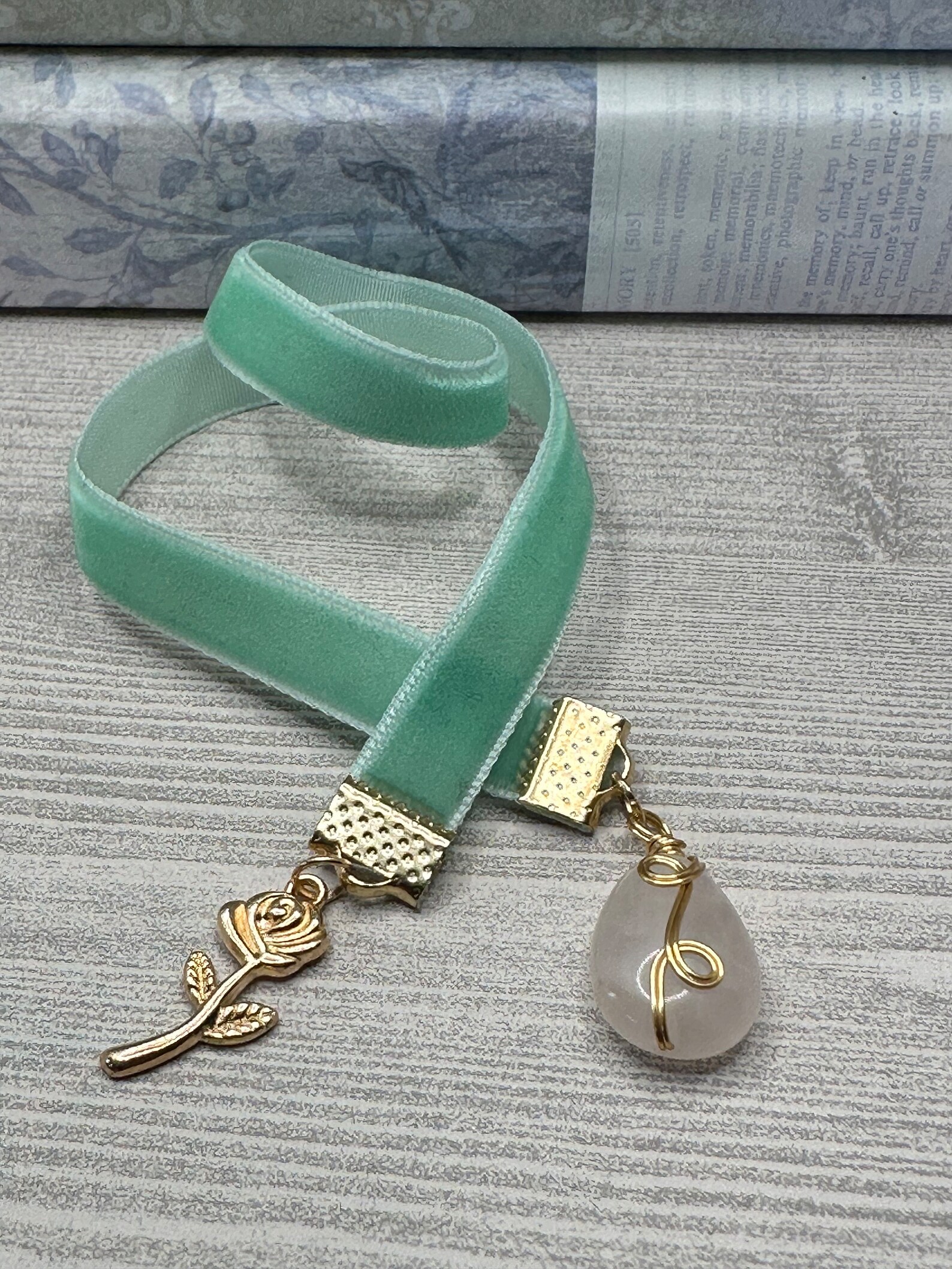 Petite Velvet Ribbon Bookmark With Charms and Stones, Gift for Book ...
