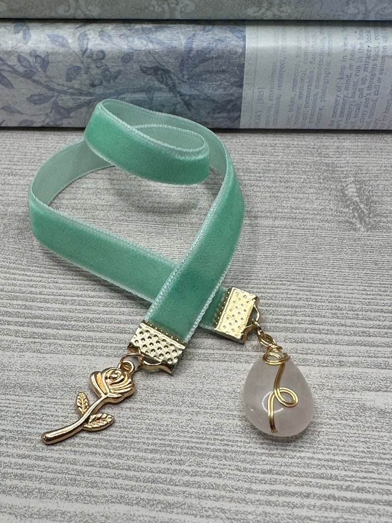 Petite Velvet Ribbon Bookmark With Charms and Stones, Gift for Book ...