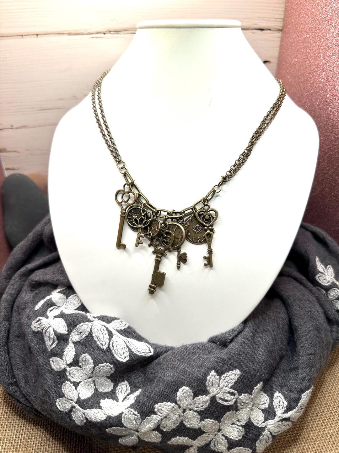 Redesigned and Repurposed Antiqued Gold Necklace With Key and Clock ...