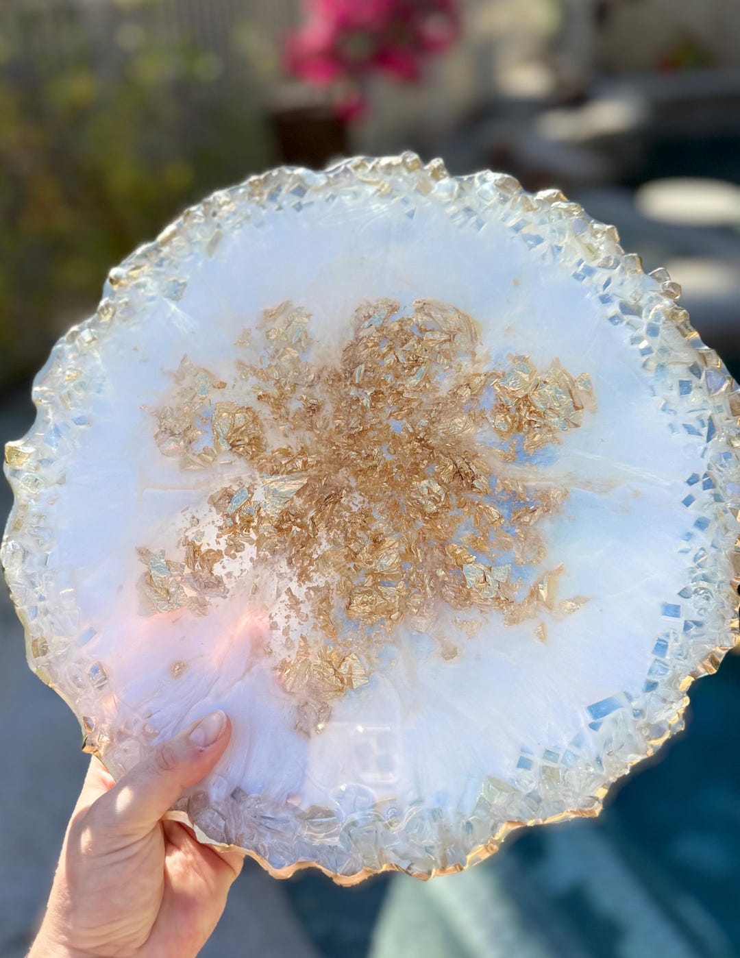 13" IRIDESCENT Tray With Reflective Glass Rim Geode Irregular Round ...
