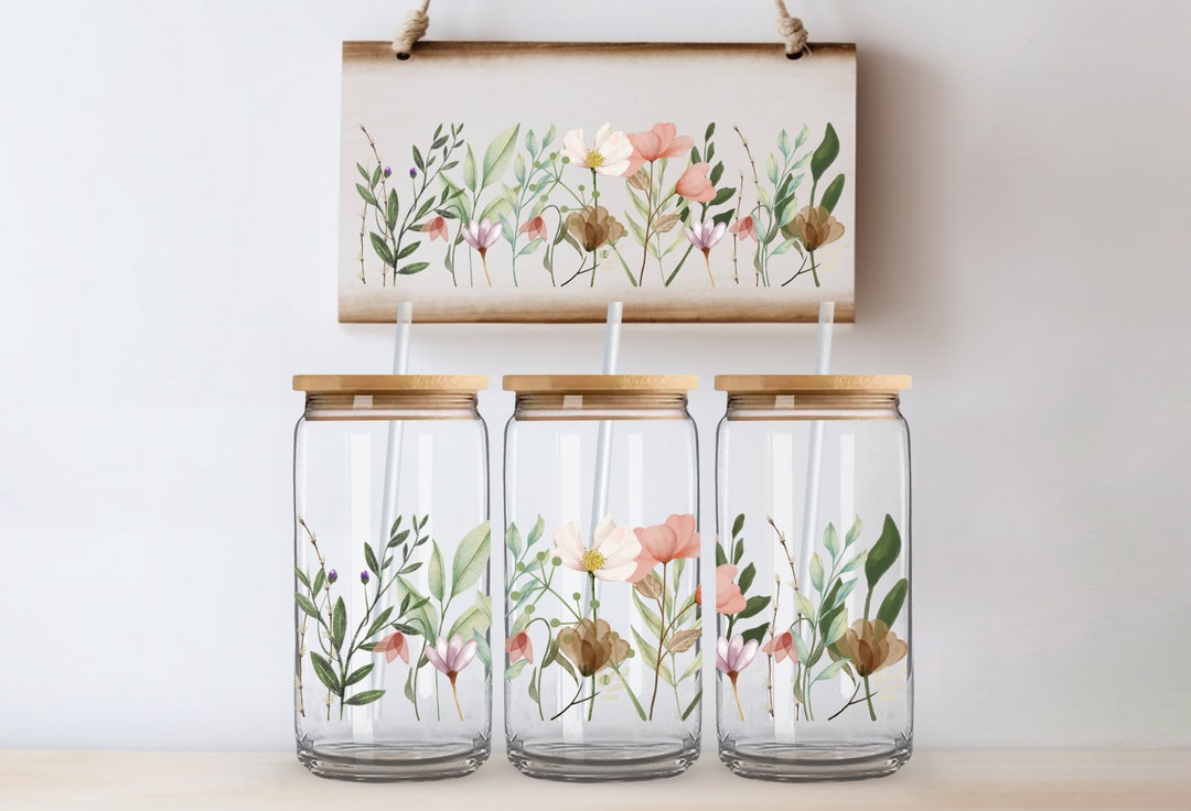16oz Glass Sipper Cup Flower Design, Custom Beer Can Glass With Lid ...