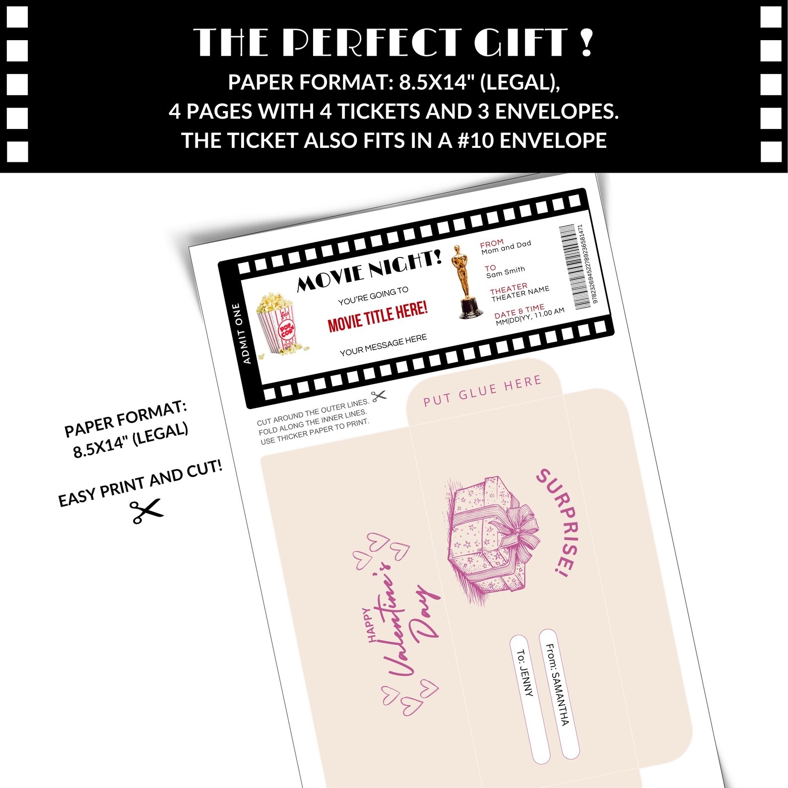 Printable Movie Gift Ticket With Envelope, Printable Cinema Ticket ...