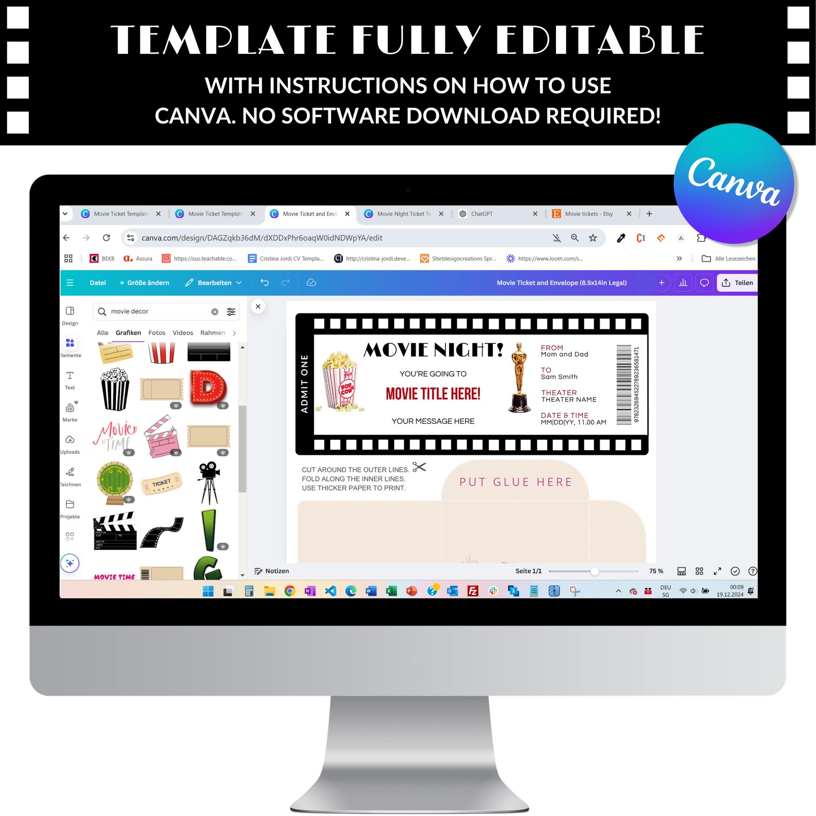 Printable Movie Gift Ticket With Envelope, Printable Cinema Ticket ...