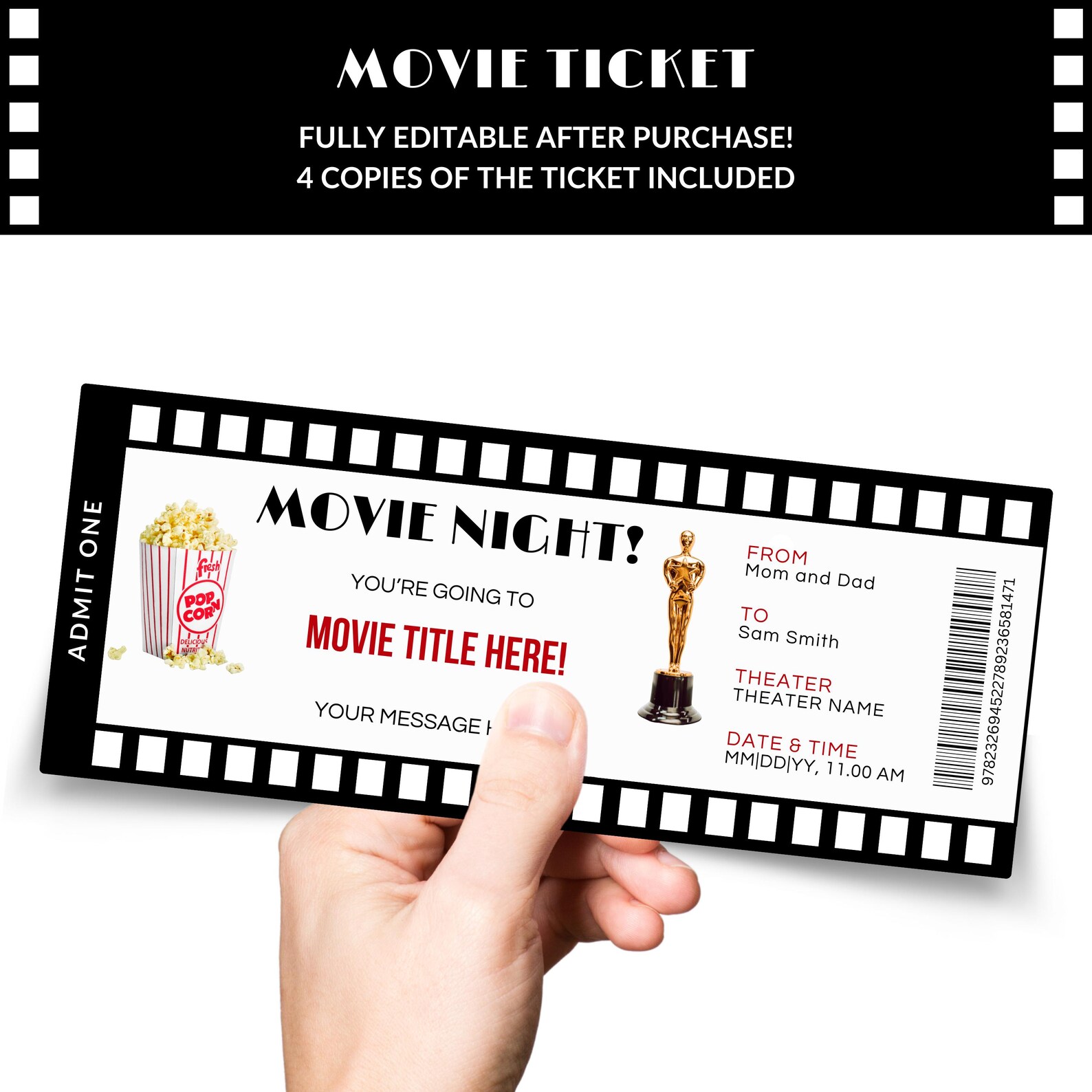 Printable Movie Gift Ticket With Envelope, Printable Cinema Ticket ...