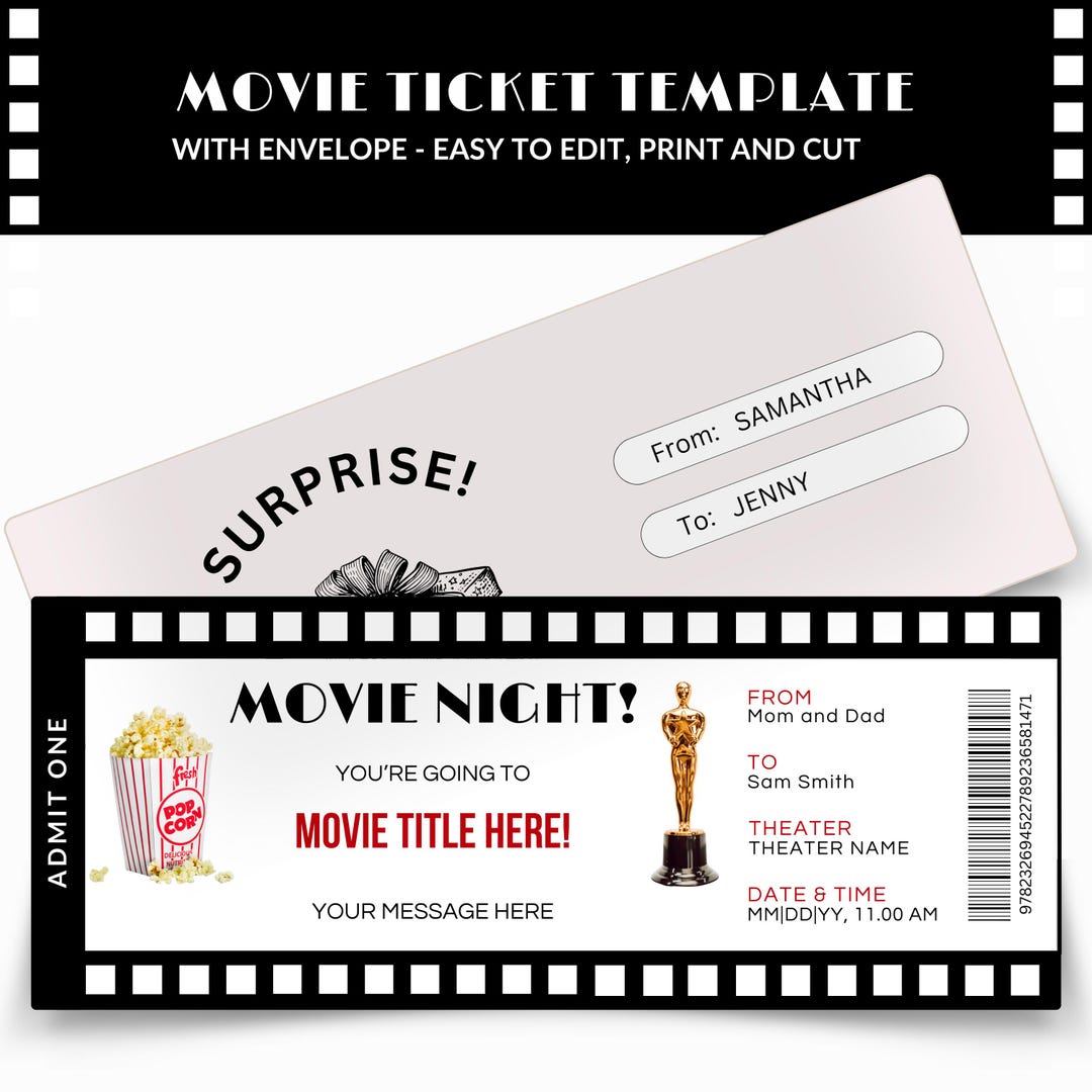 Printable Movie Gift Ticket With Envelope, Printable Cinema Ticket ...