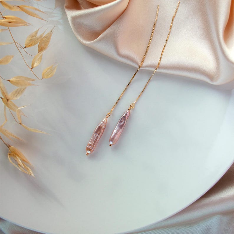 Pink Biwa Pearl Threader Earrings, Gold-plated 925 Sterling Silver ...