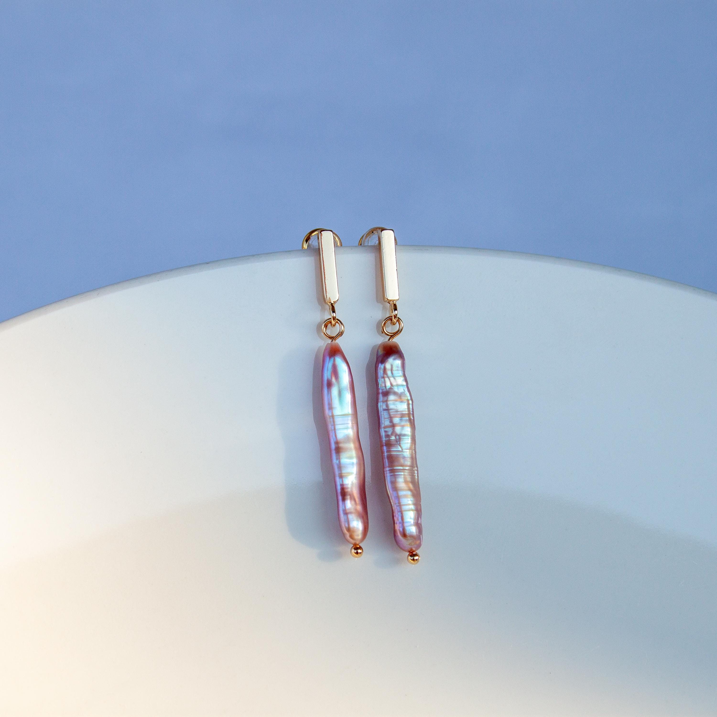 Pink Baroque Pearl Dangle Earrings, Minimalist Baroque Pearl Earrings ...