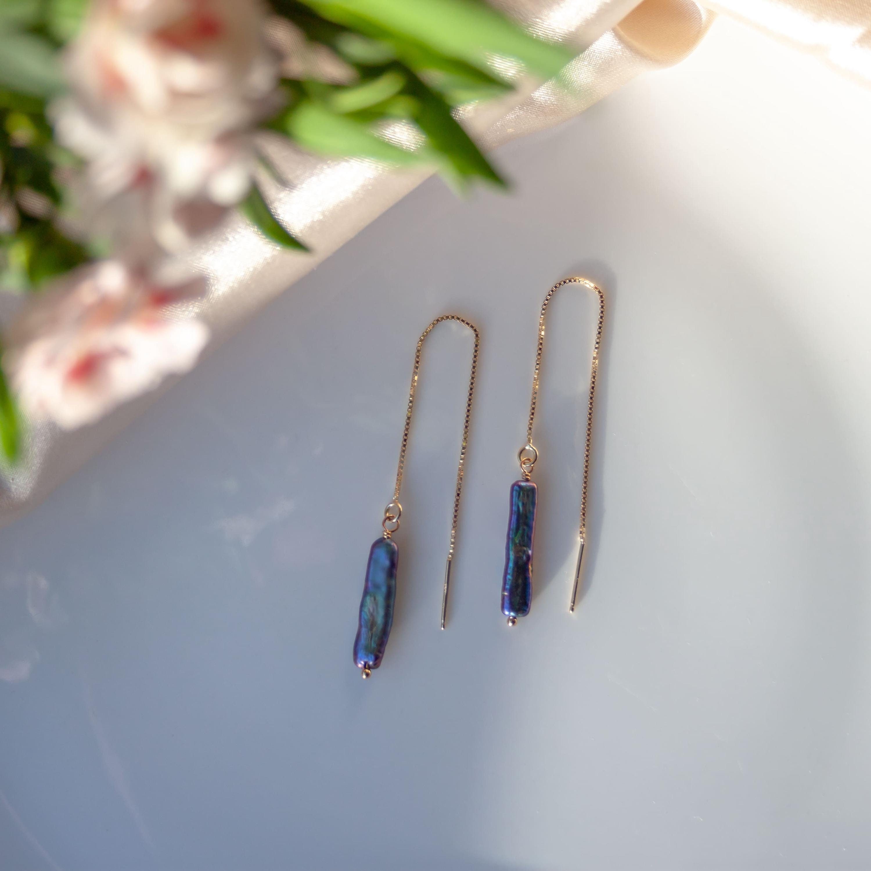 Black Baroque Pearl Threader Earrings, Minimalist 925 Sterling Silver ...