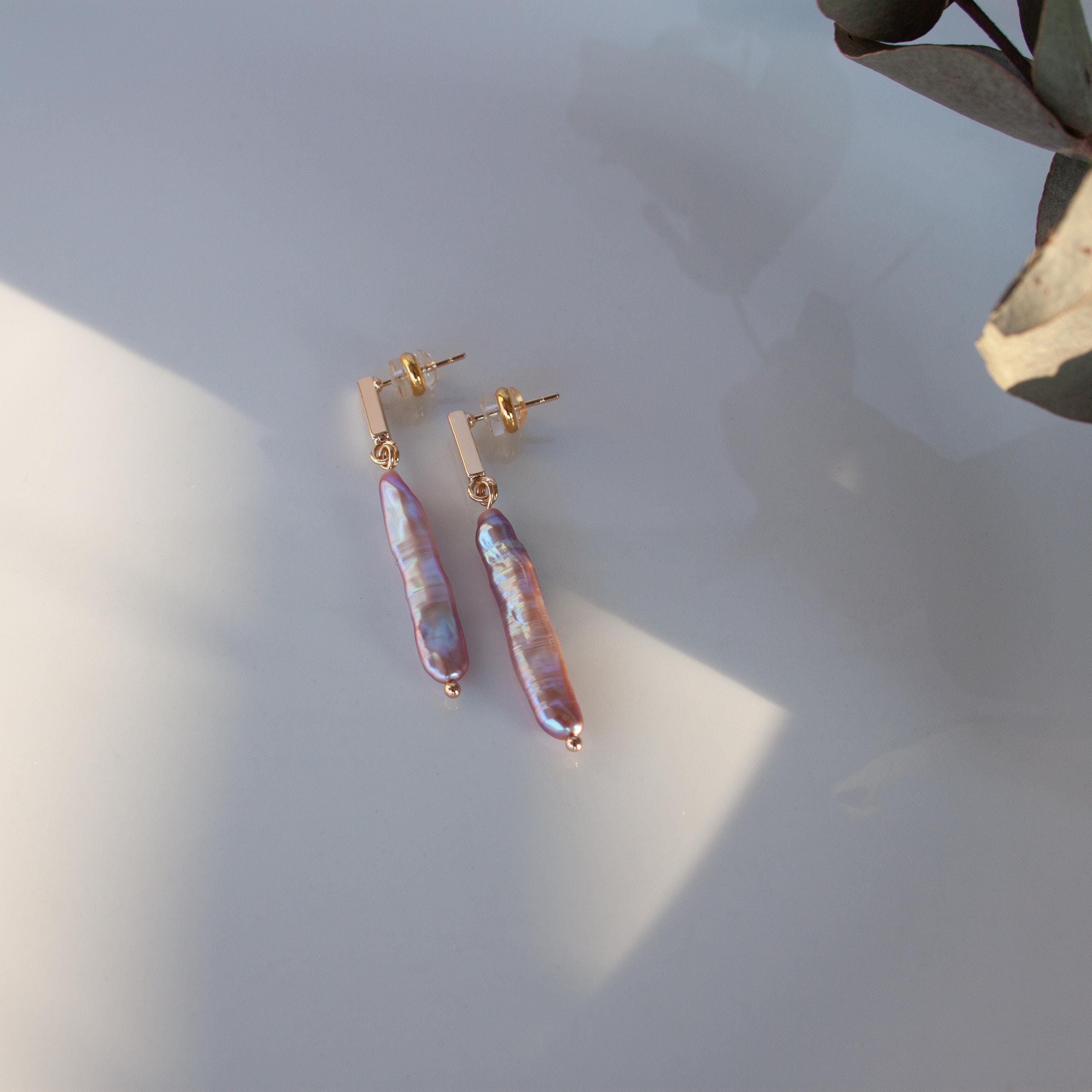 Pink Baroque Pearl Dangle Earrings, Minimalist Baroque Pearl Earrings ...