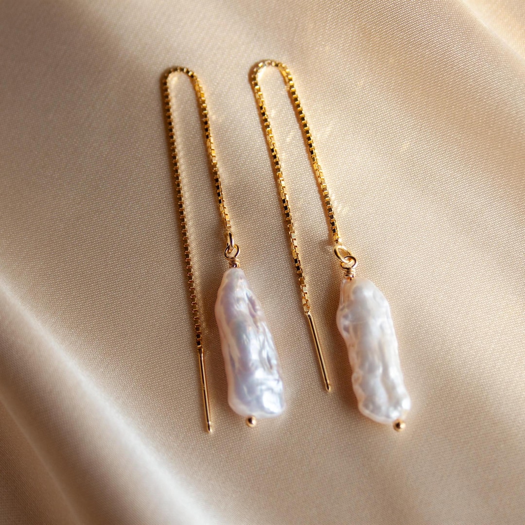 Long Baroque Pearl Threader Earrings – Bridal Pearl Drop Earrings in ...