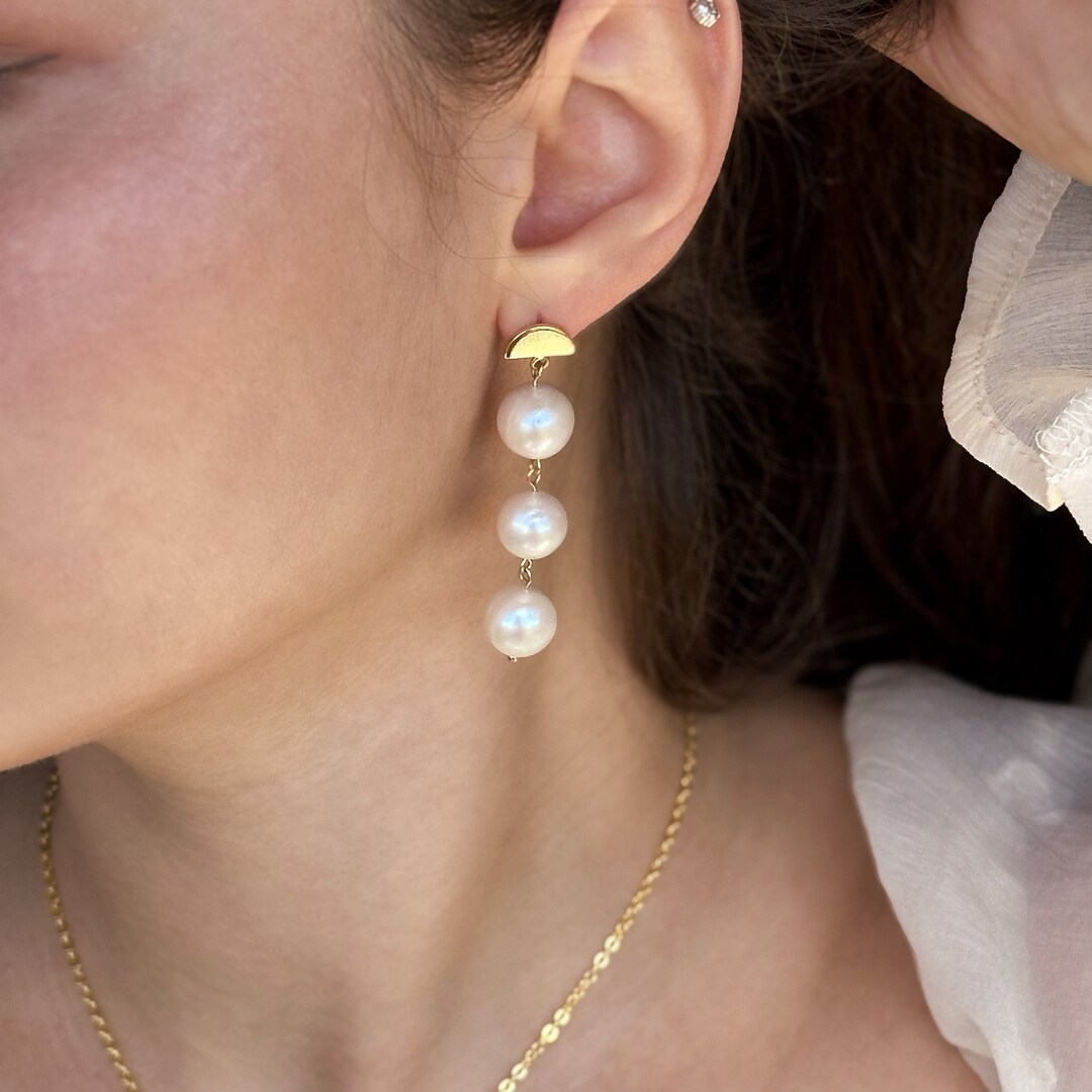 Elegant Triple Pearl Drop Earrings for Weddings and Brides Large and Long Design - Etsy