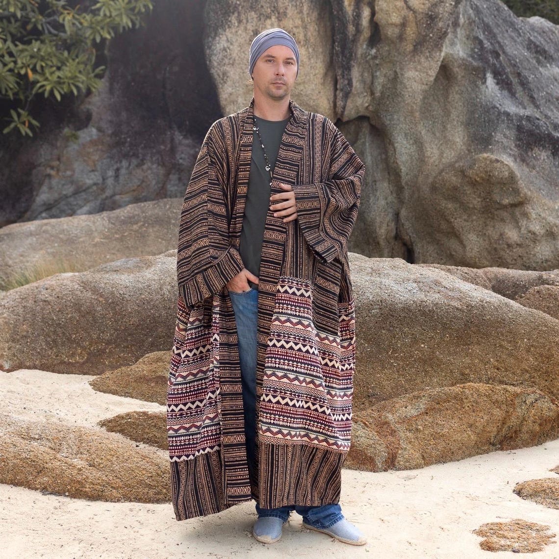 Kintsugi Kimono Duster: Exquisite Hand Woven Men Winter Coat| Boho ...