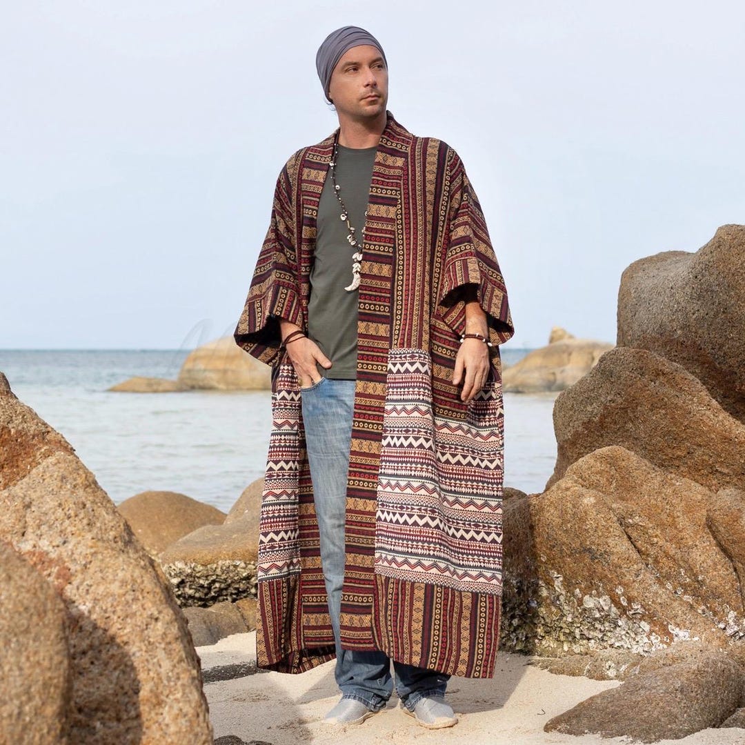 Kintsugi Kimono Duster: Exquisite Hand Woven Men Winter Coat| Boho ...